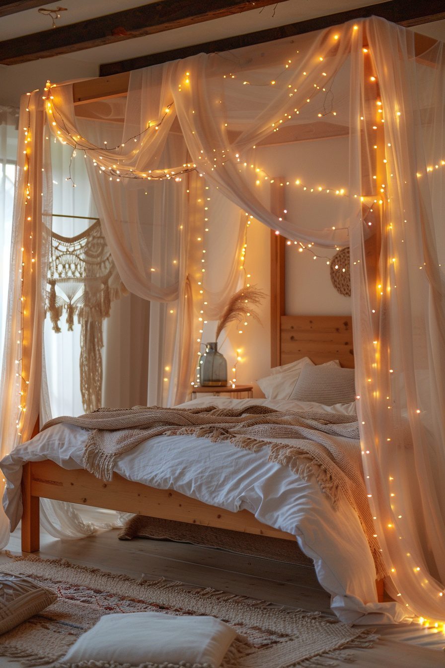 29 Boho Bedroom With Curtain Lights To Create A Serene Space